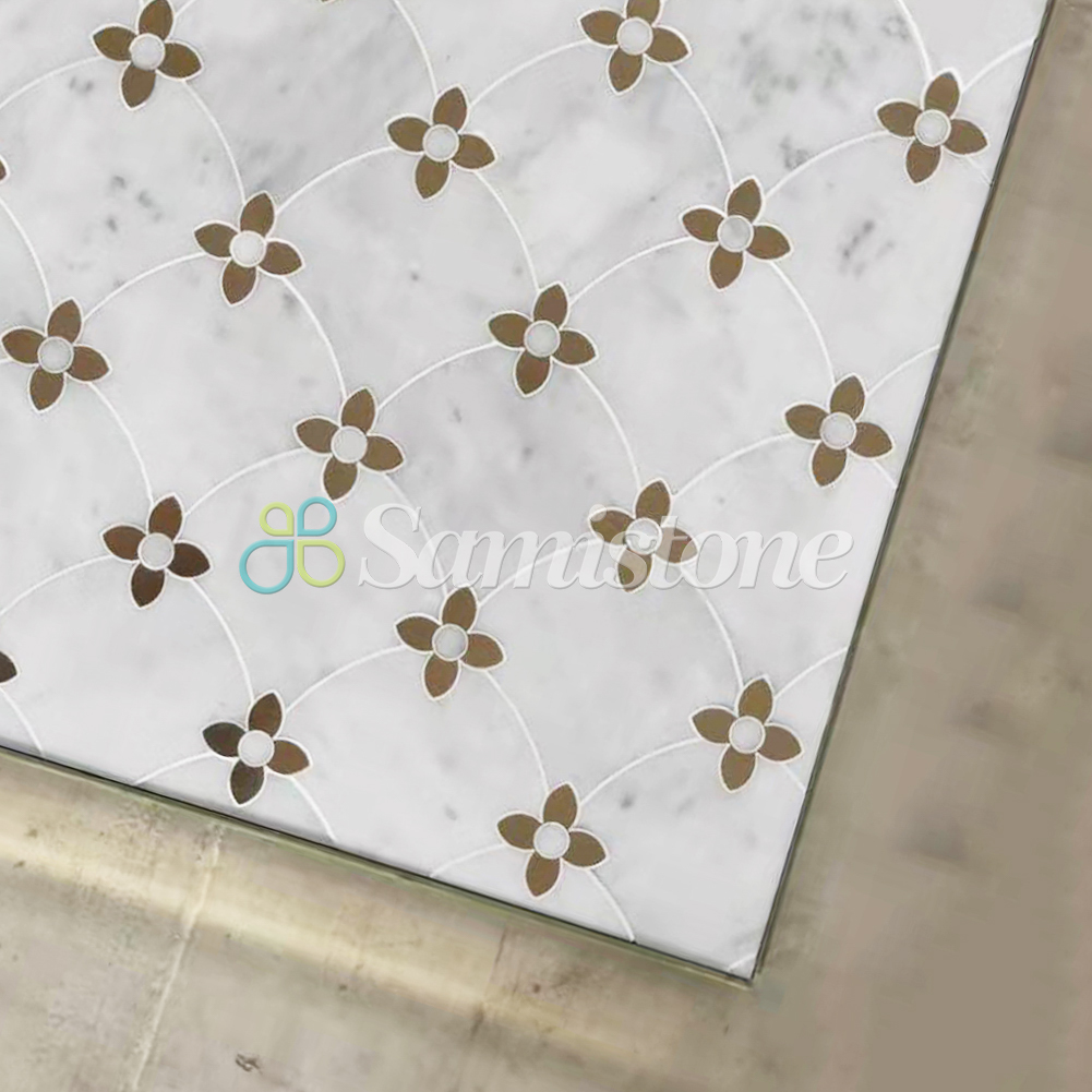 Samistone Bianco Carrara Mixed Brass Small Flower Water Jet Mosaic ...