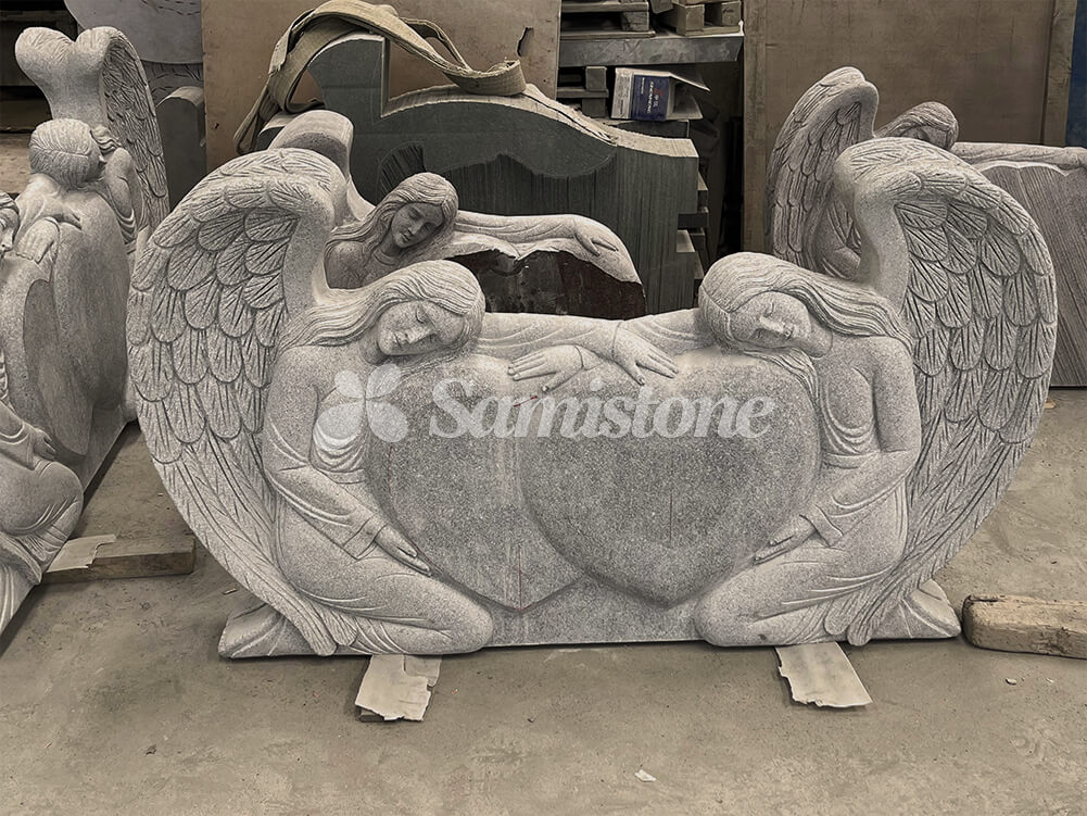China Factory Carved Double Angel Heart Upright Polished Grey Granite ...